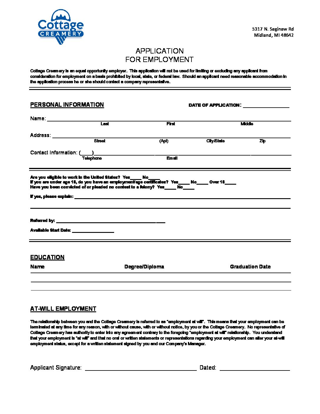 Application For Employment Form Pdf